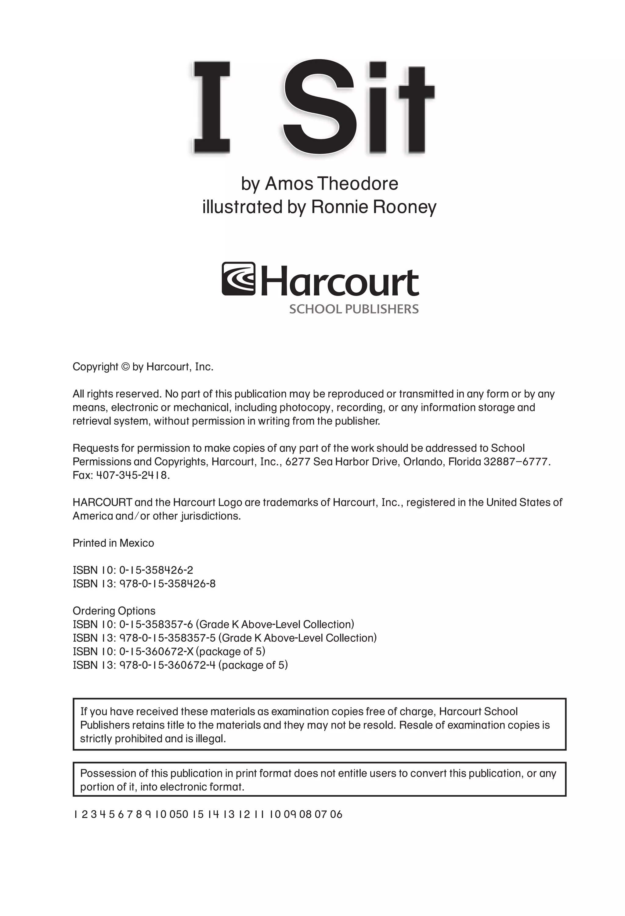 (Harcourt Leveled Readers Grade K) I Sit | PDF