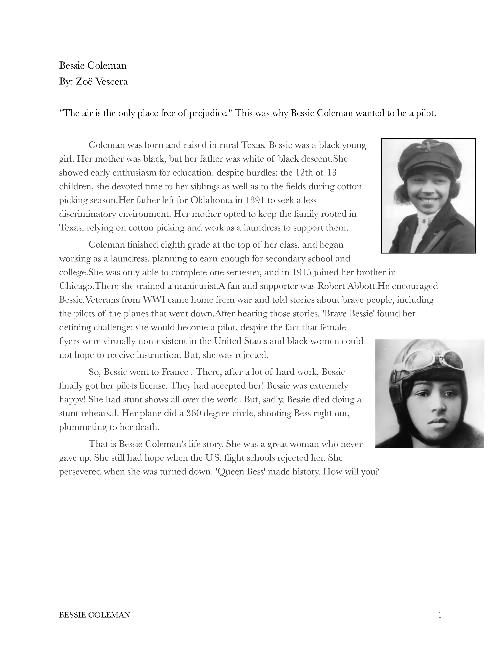 Bessie Coleman by Zoe | PDF