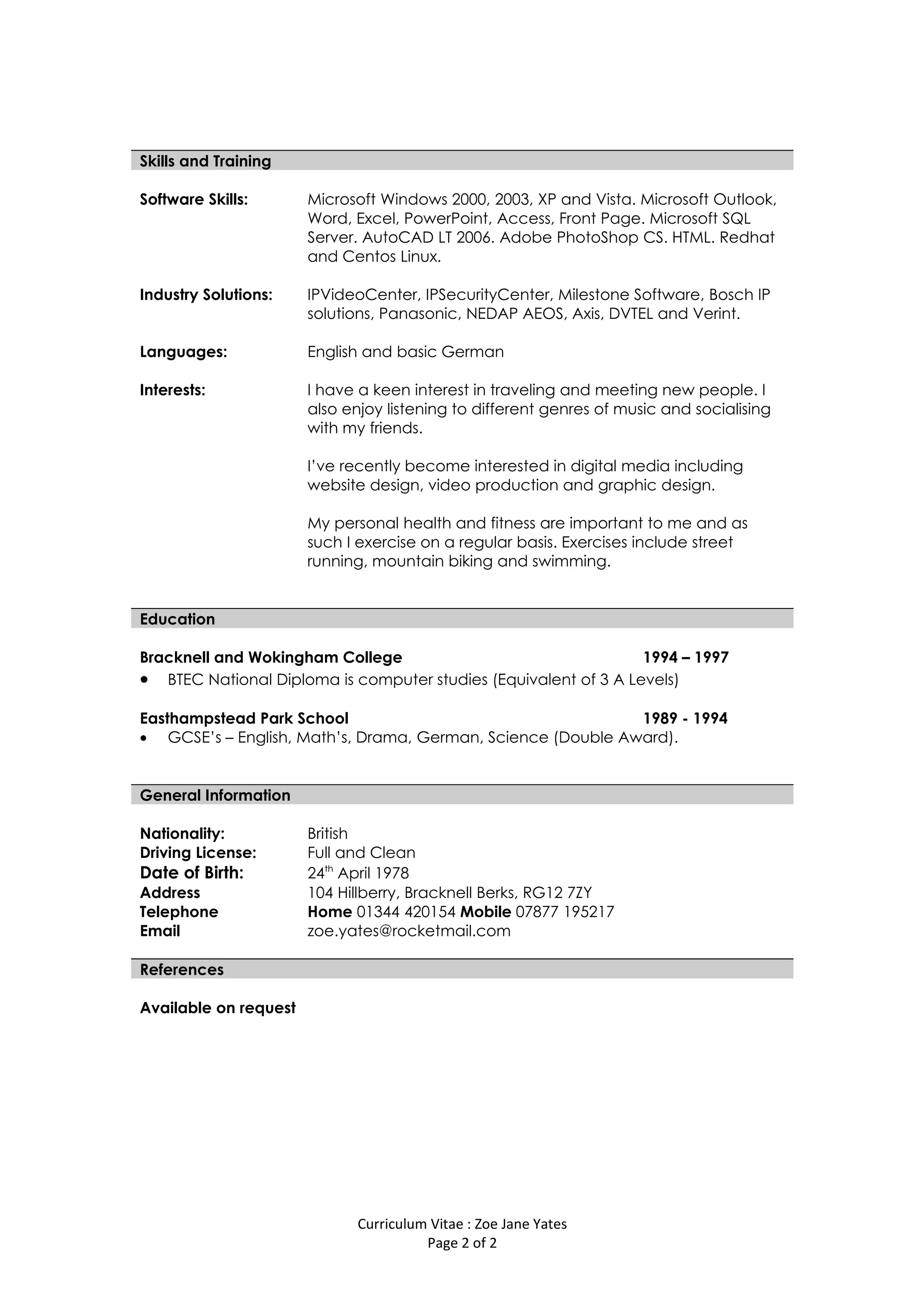 Zoe Yates Résumé / CV | DOC