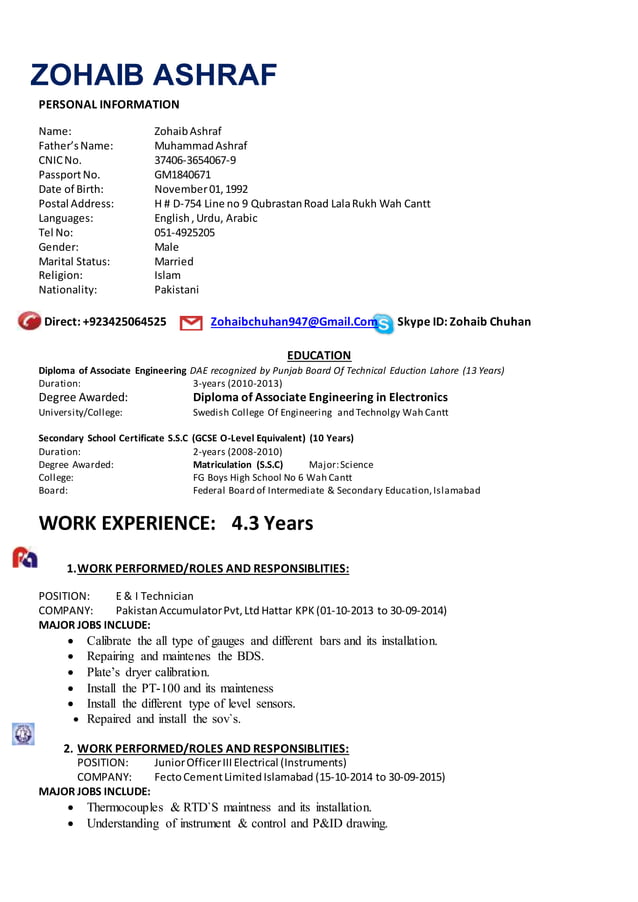 Zohaib resume instrument supervisor | DOCX