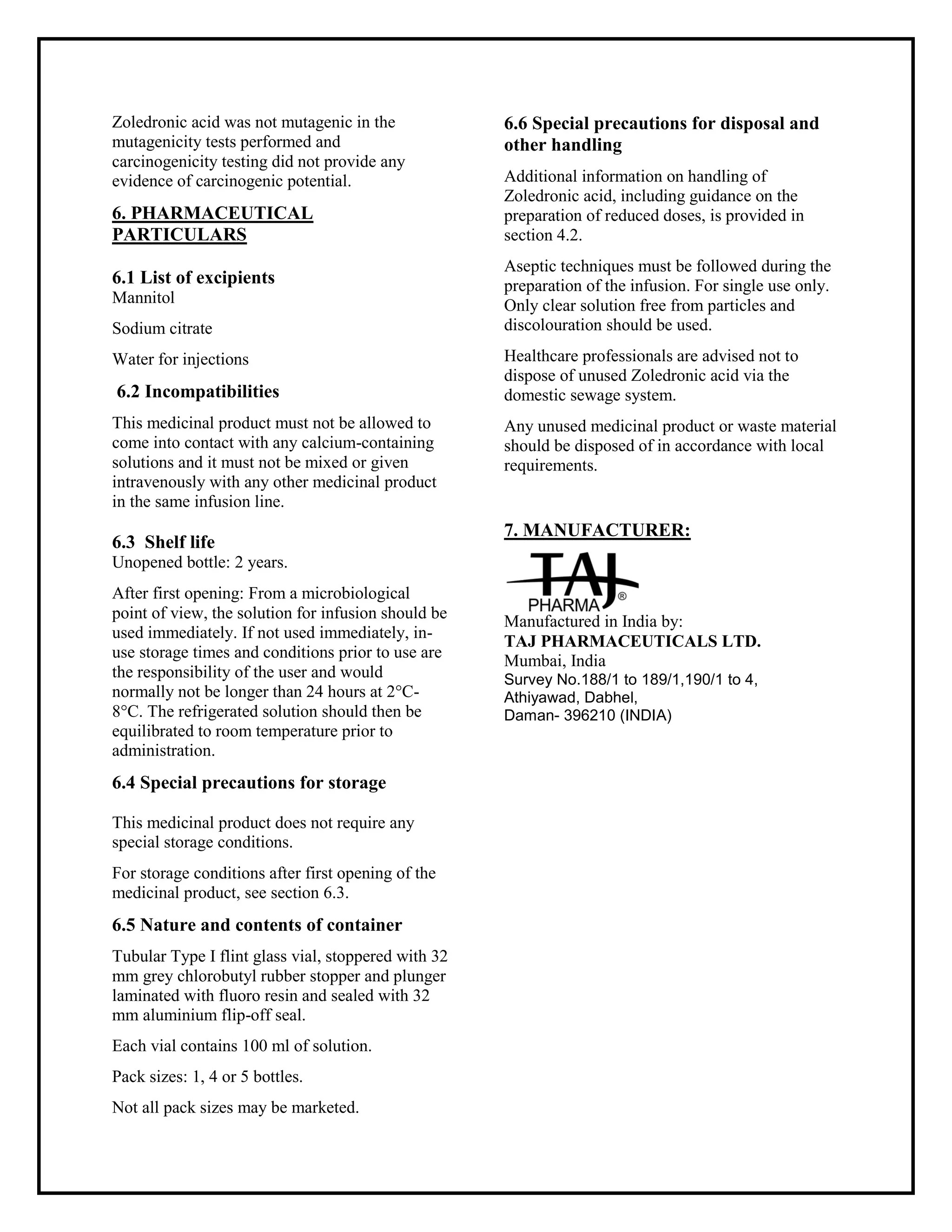 Zoledronic acid 4 mg 100 ml solution for infusion smpc taj ...