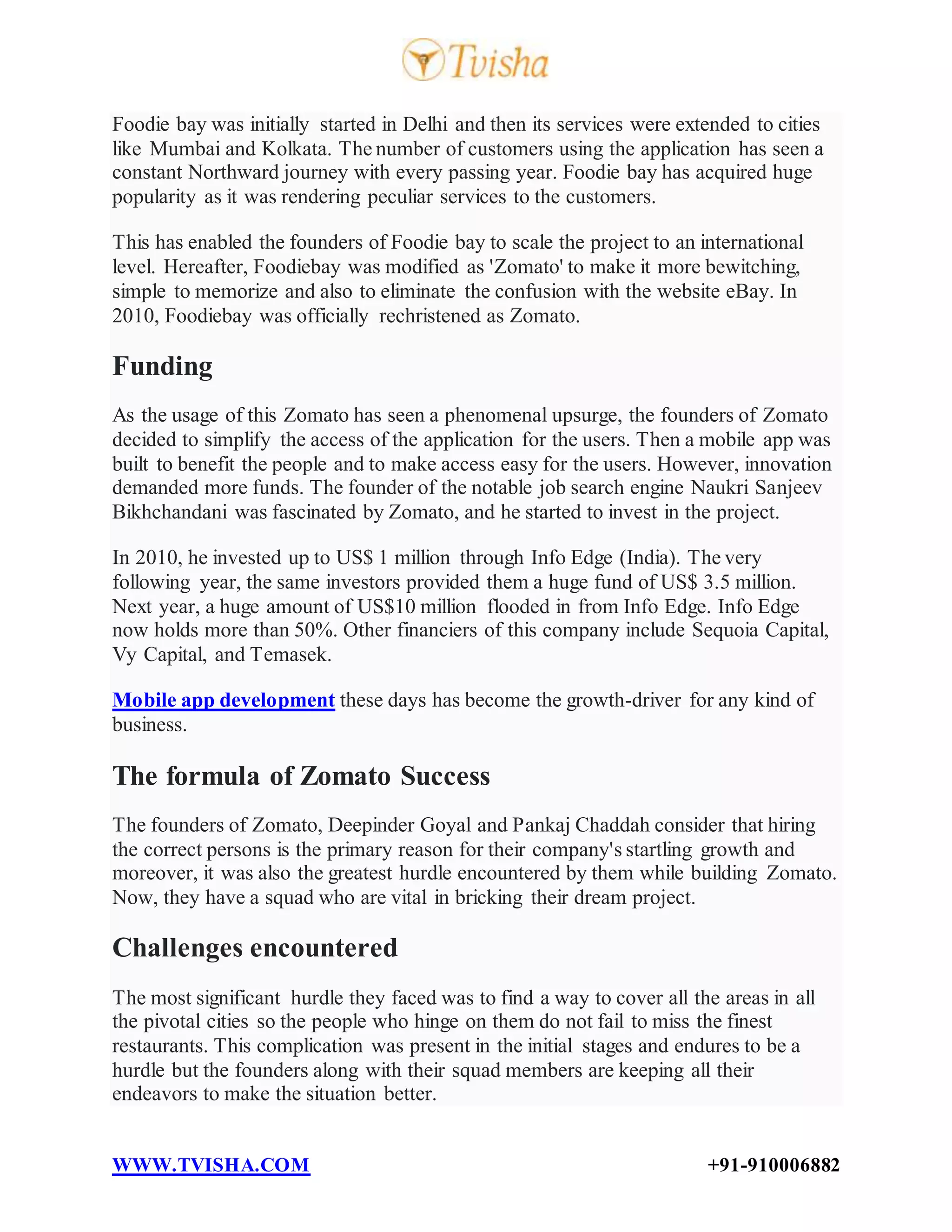 Zomato Success Story - Success Story of Zomato | DOCX