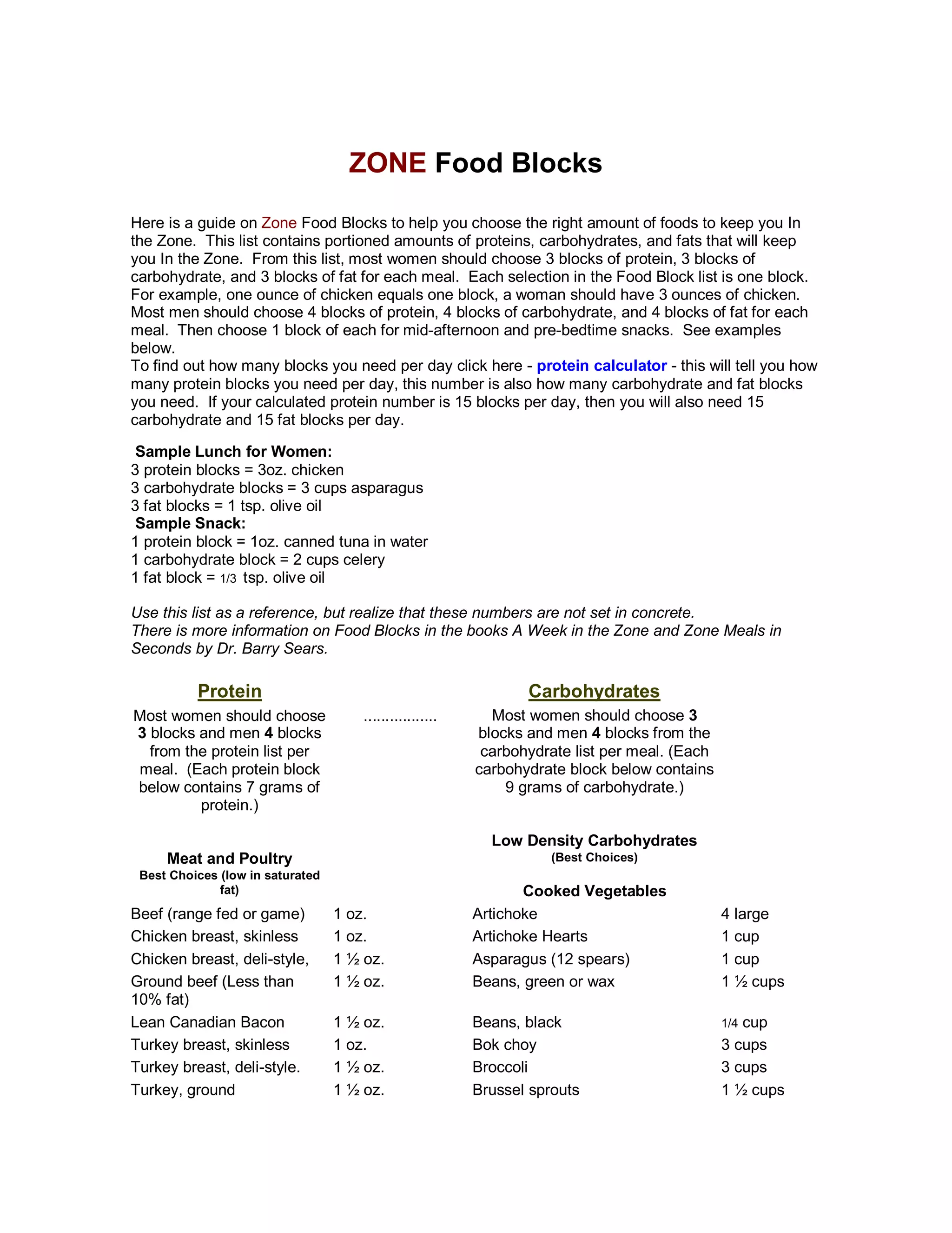 The Zone Diet Food Block Guide | PDF