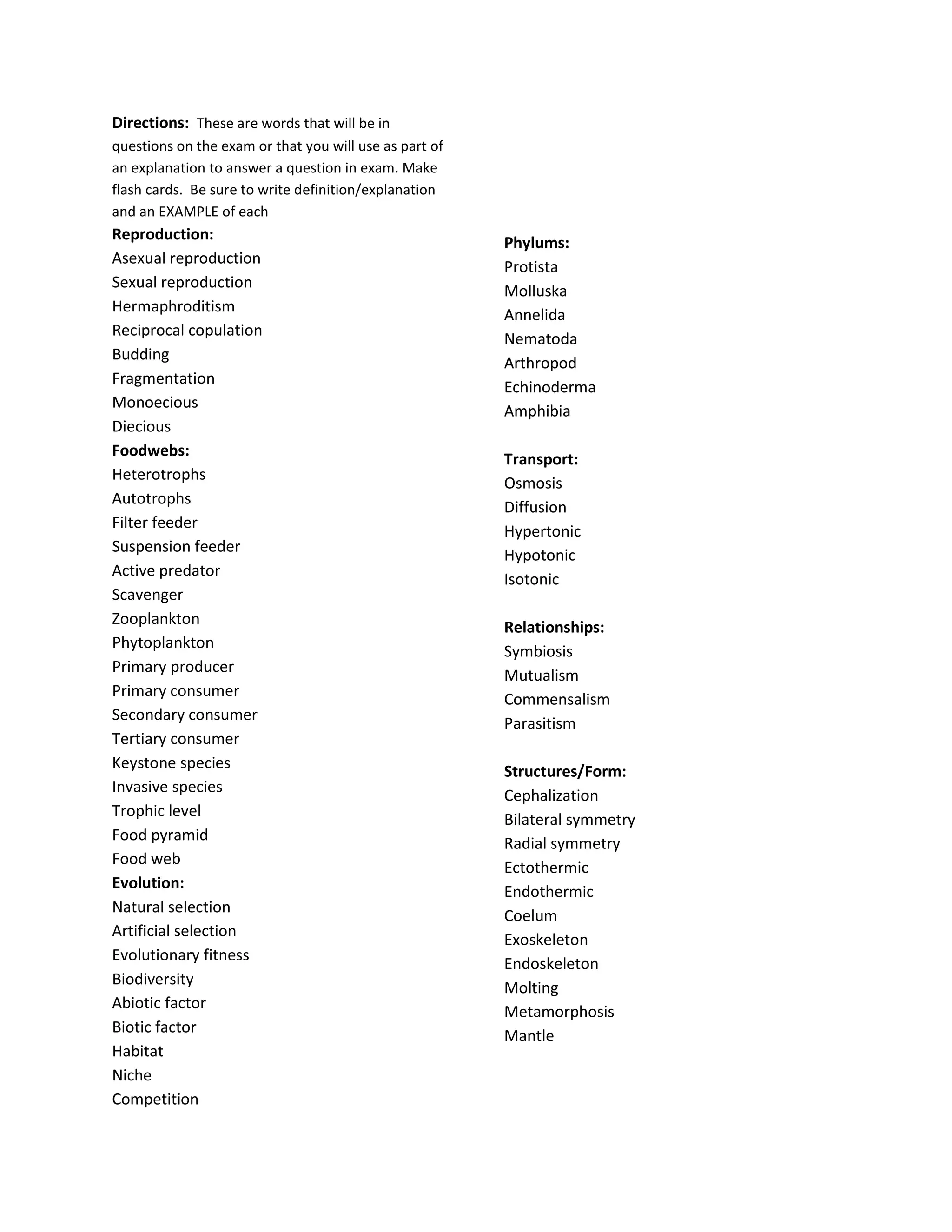 Zoology vocab words cummulative | DOCX