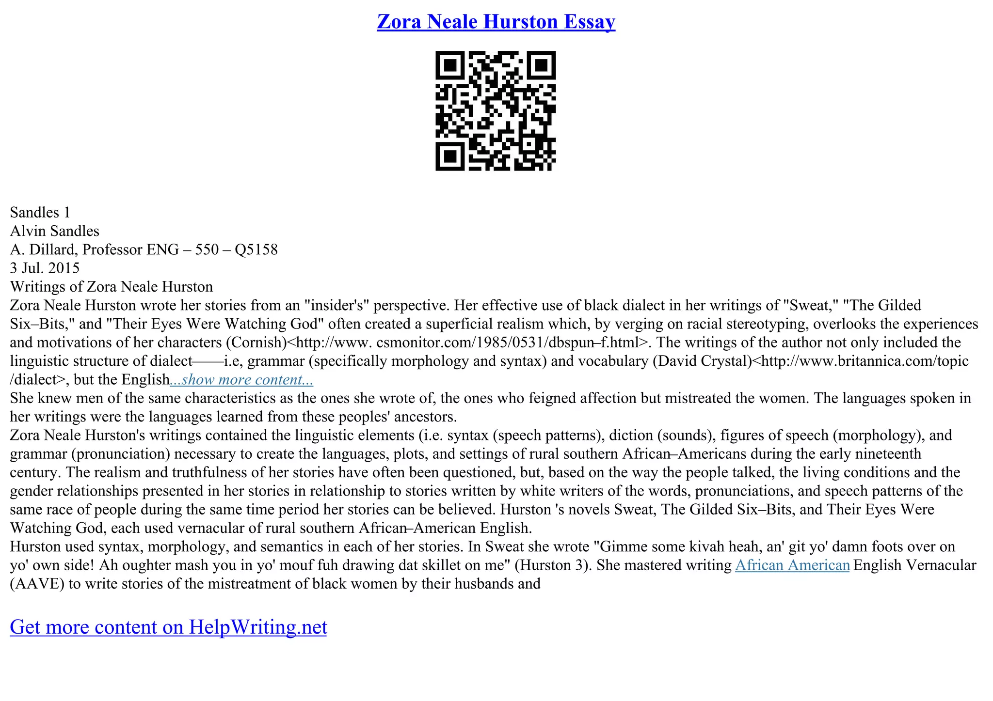 Zora Neale Hurston Essay | PDF