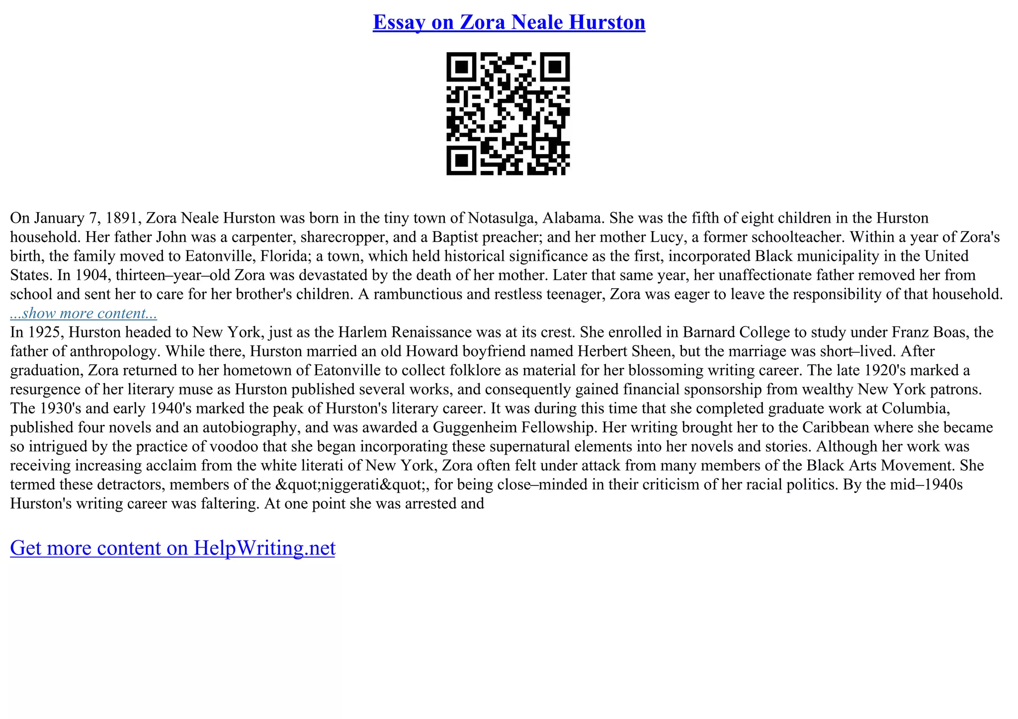 Zora Neale Hurston Essay | PDF