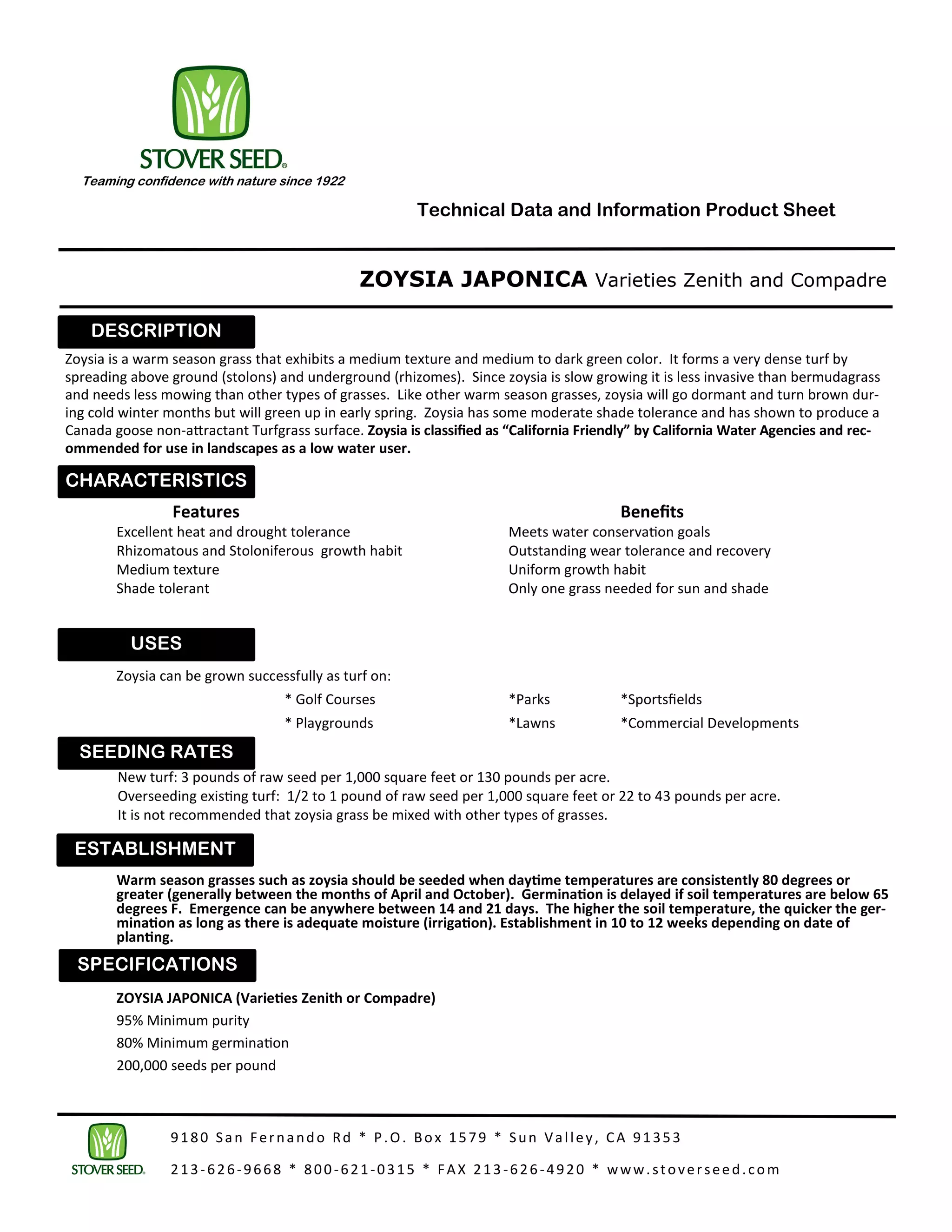 Zoysia Japonica Grass Seed – Stover Seed | PDF