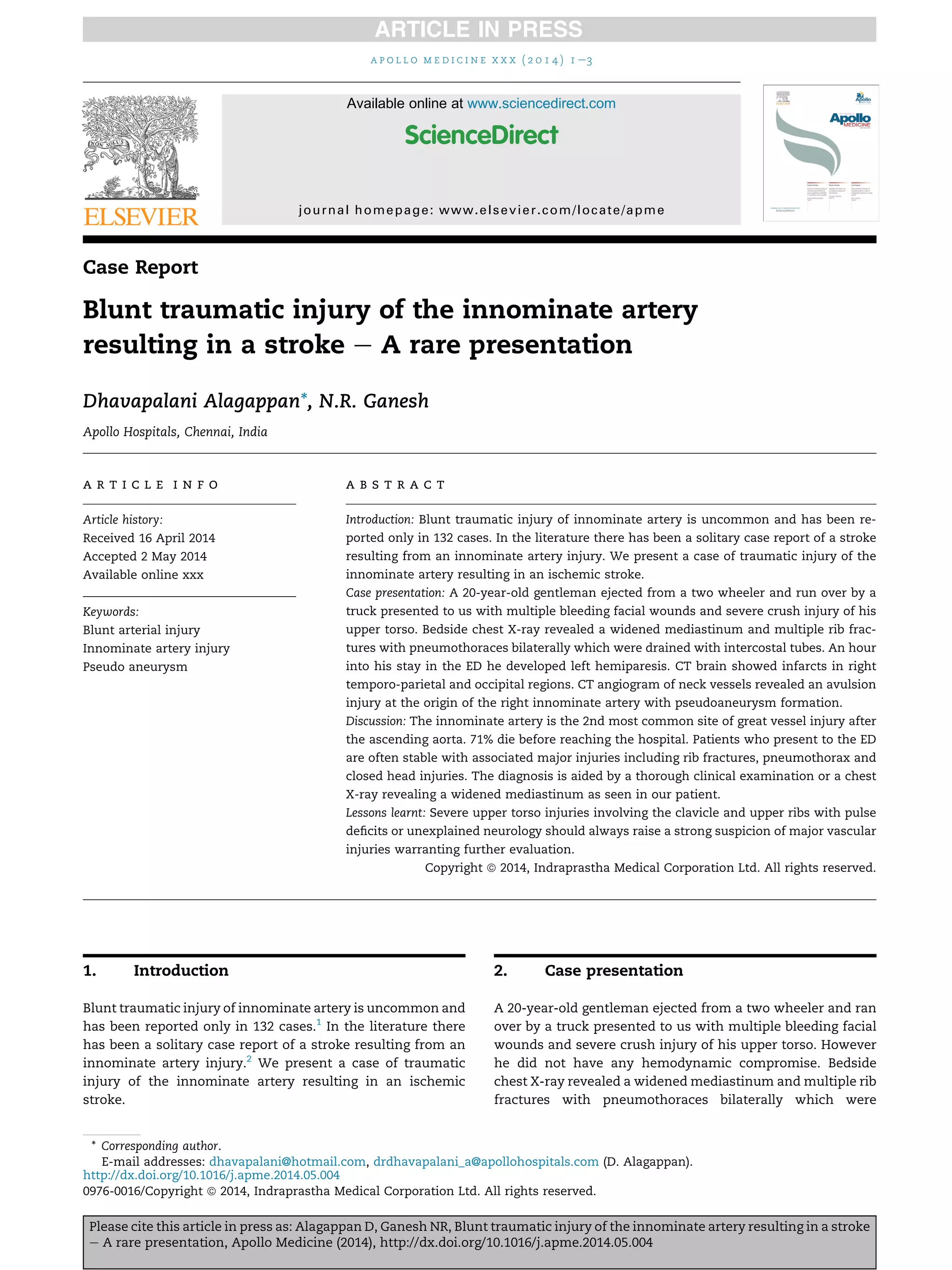 Blunt traumatic injury of the innominate artery resulting in a stroke ...