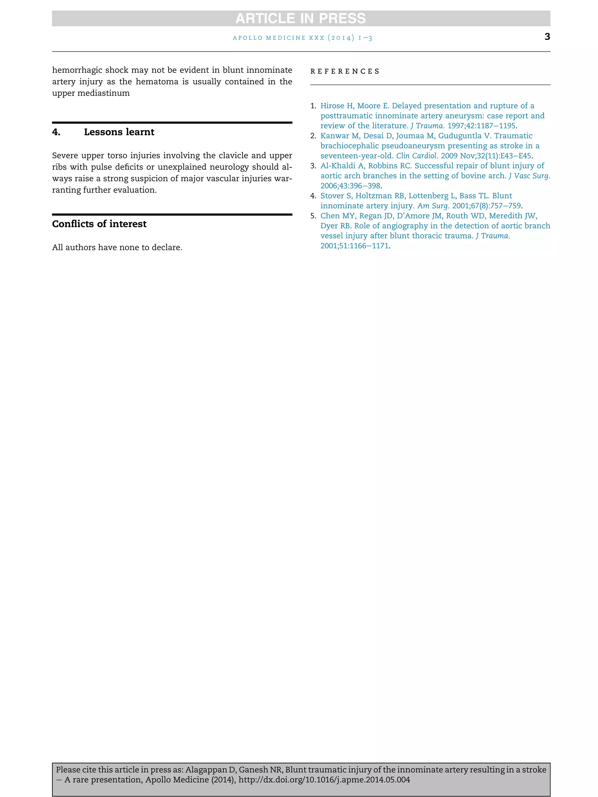 Blunt traumatic injury of the innominate artery resulting in a stroke ...