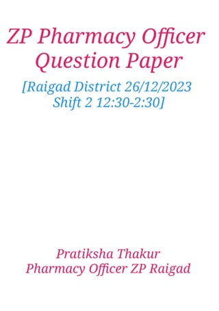 ZP Pharmacy Officer Question Paper 26/12/2023 | PDF