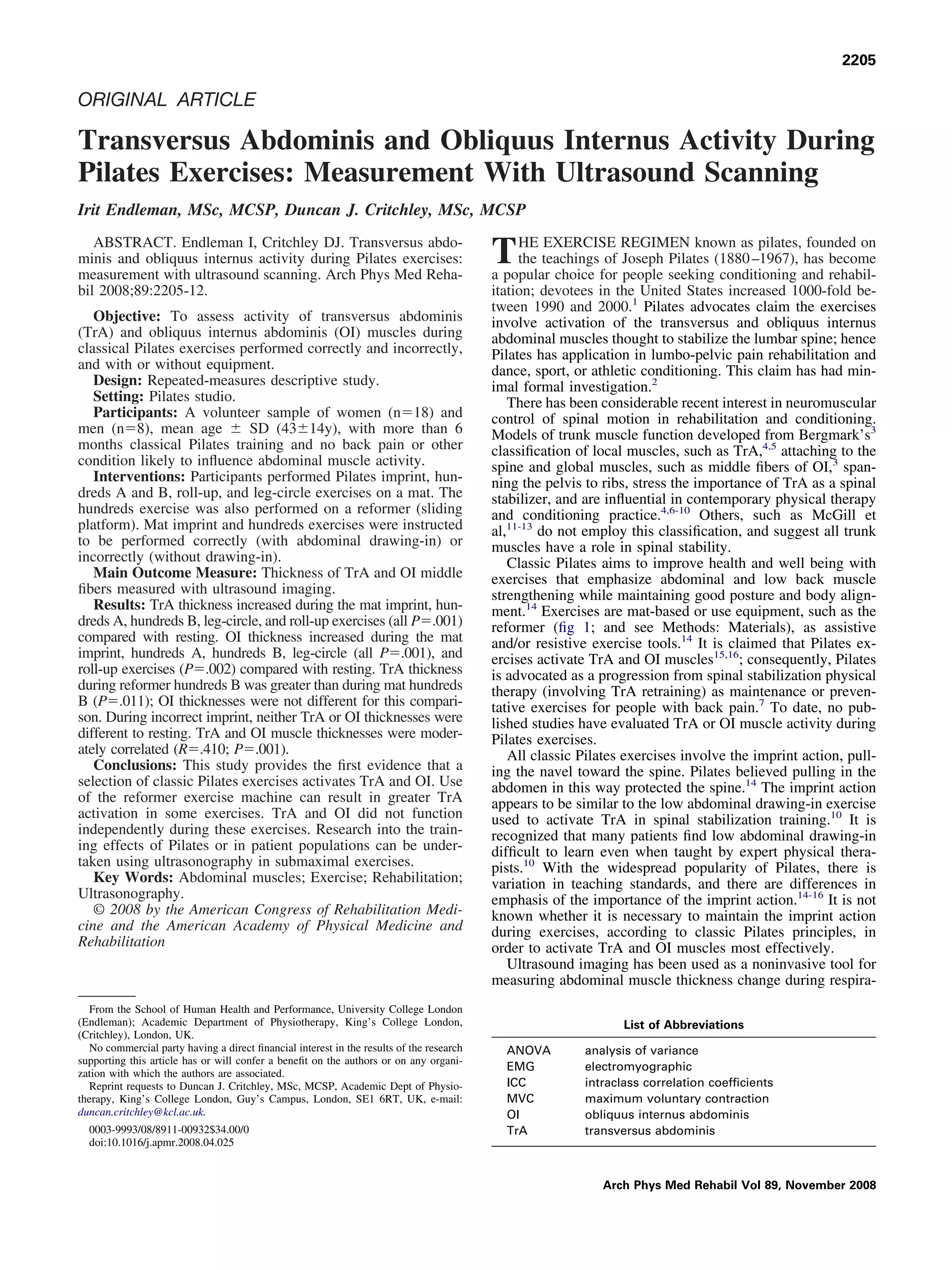 Transversus abdominis and obliquus internus activity during pilates ...