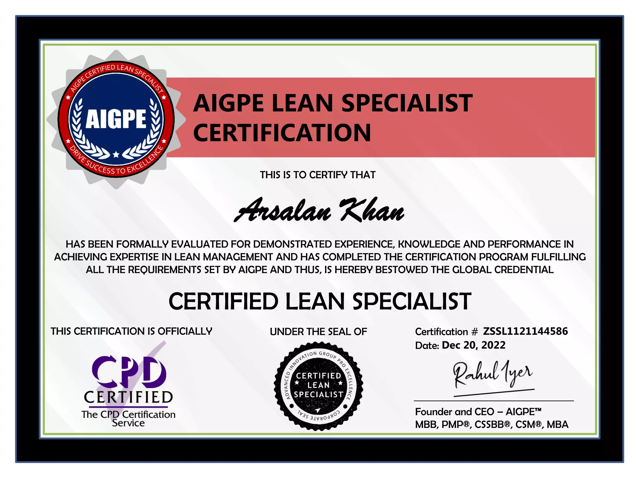 ARSALAN KHAN - Certified Lean Specialist | PDF