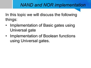 NAND and NOR implementation and Other two level implementation | PPTX