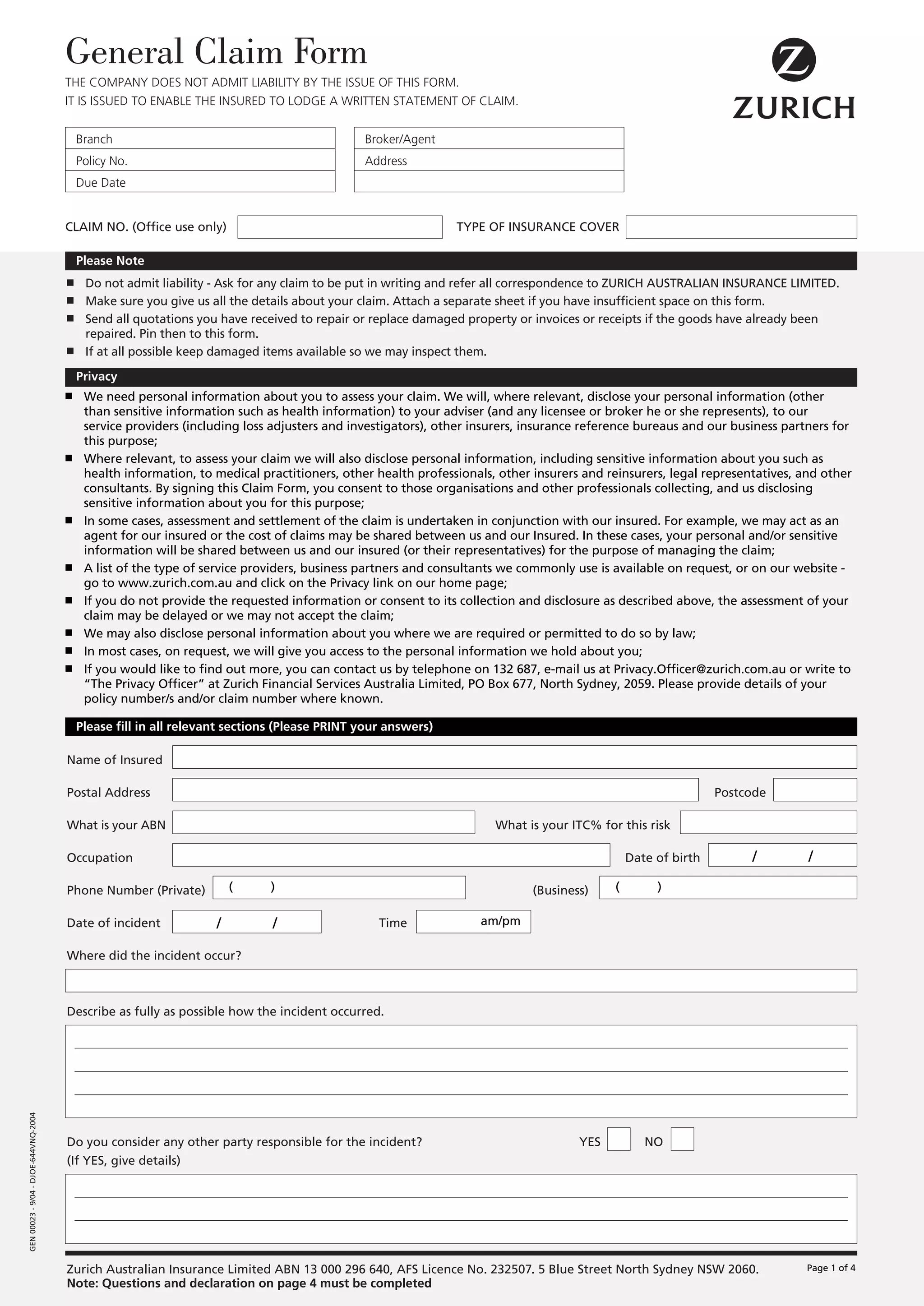Zurich General Claim Form | PDF
