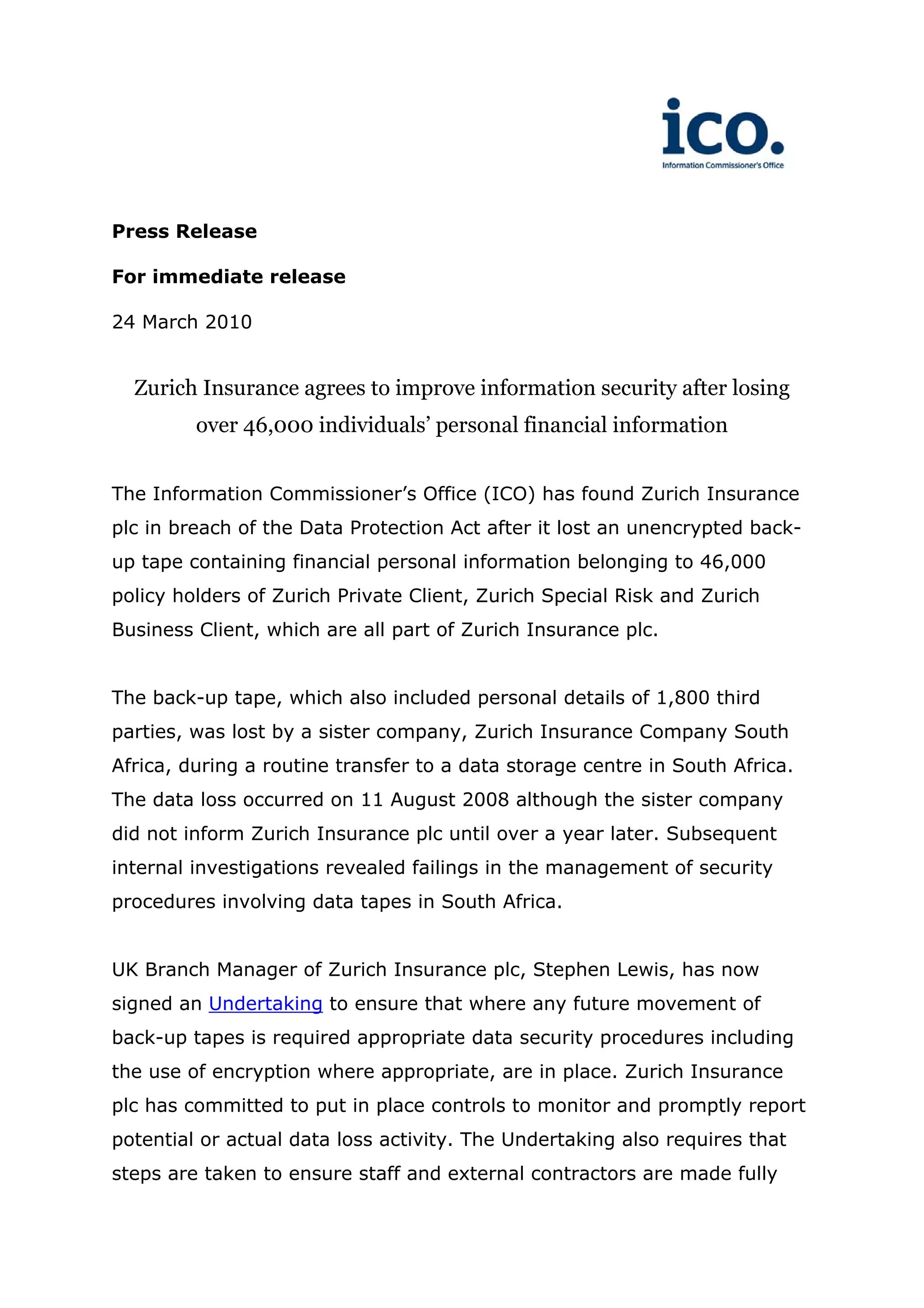 Zurich Insurance Plc - Data Loss | PDF