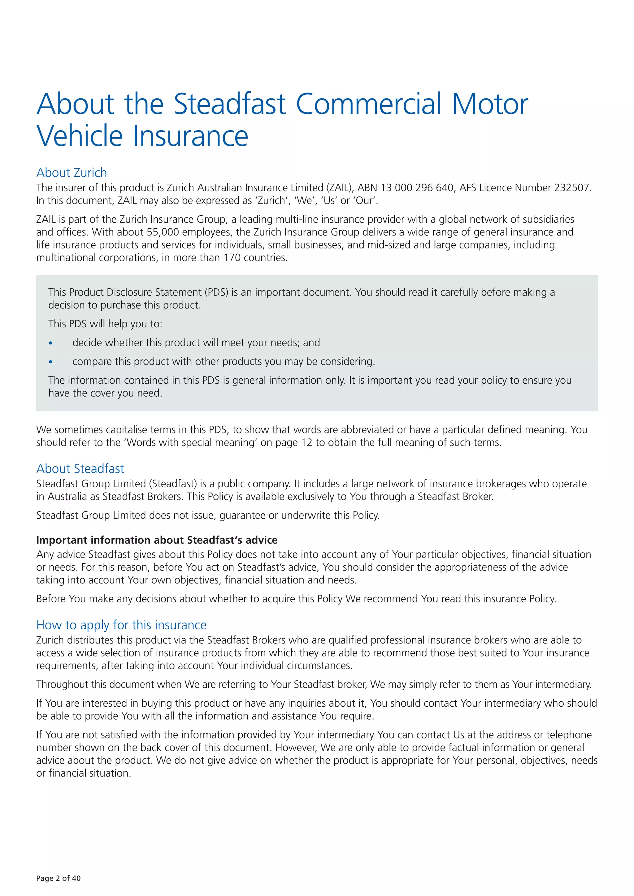 Zurich Steadfast Commercial Motor Insurance PDS | PDF