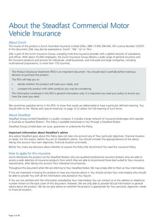Zurich Steadfast Commercial Motor Insurance PDS | PDF