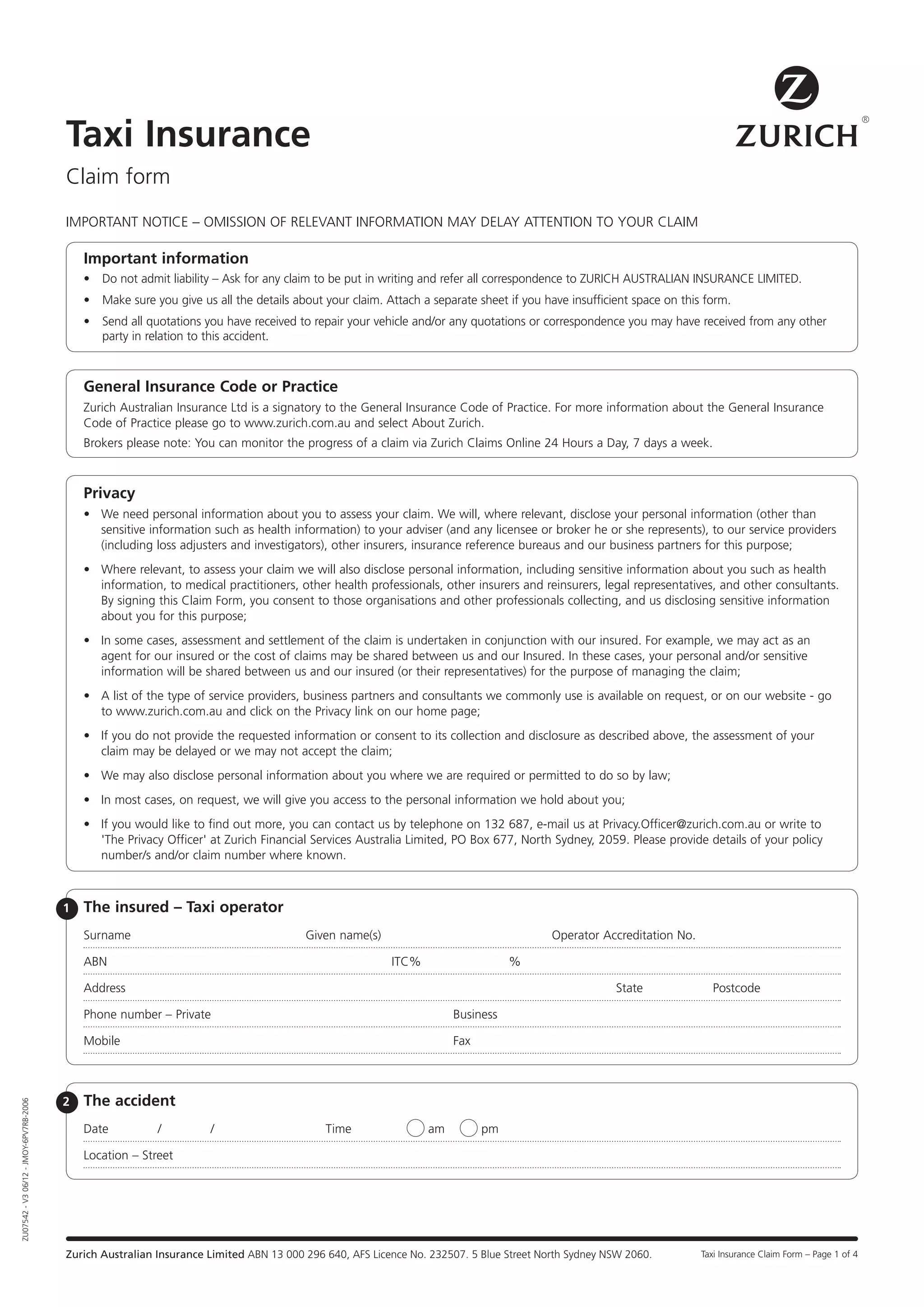Zurich Taxi Claim Form | PDF