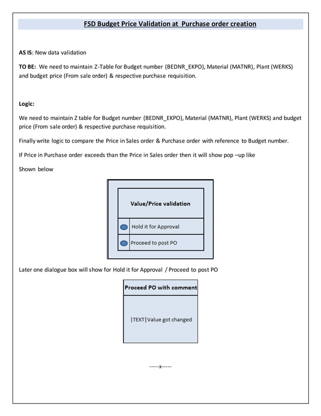 fsd for budget price validation in po | DOC