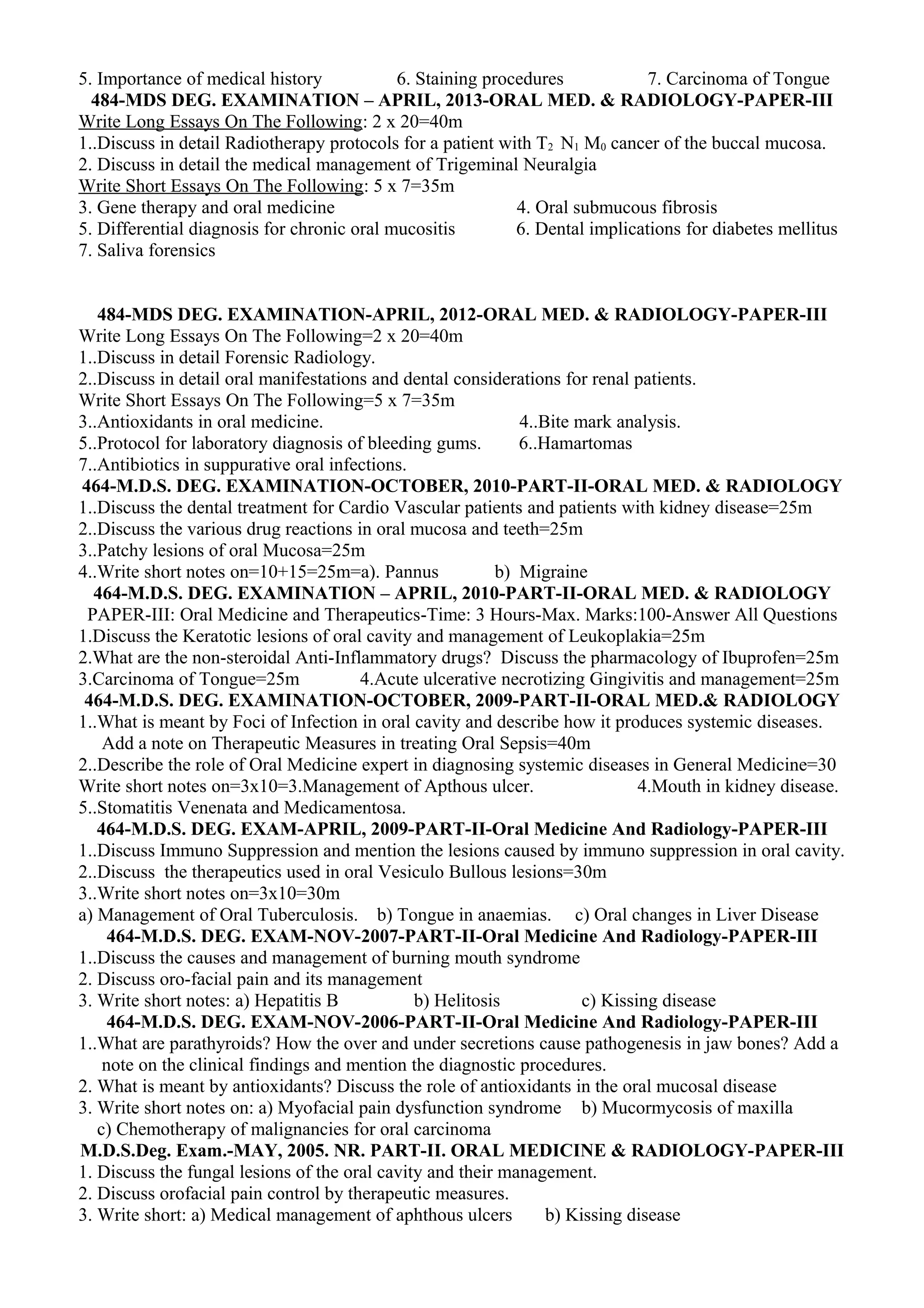 NTRUHS MDS question papers from 2002-2014 Oral medicine | DOC