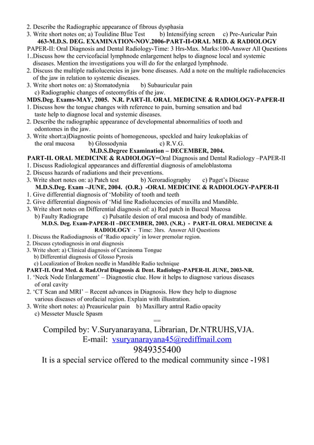 NTRUHS MDS question papers from 2002-2014 Oral medicine | DOC