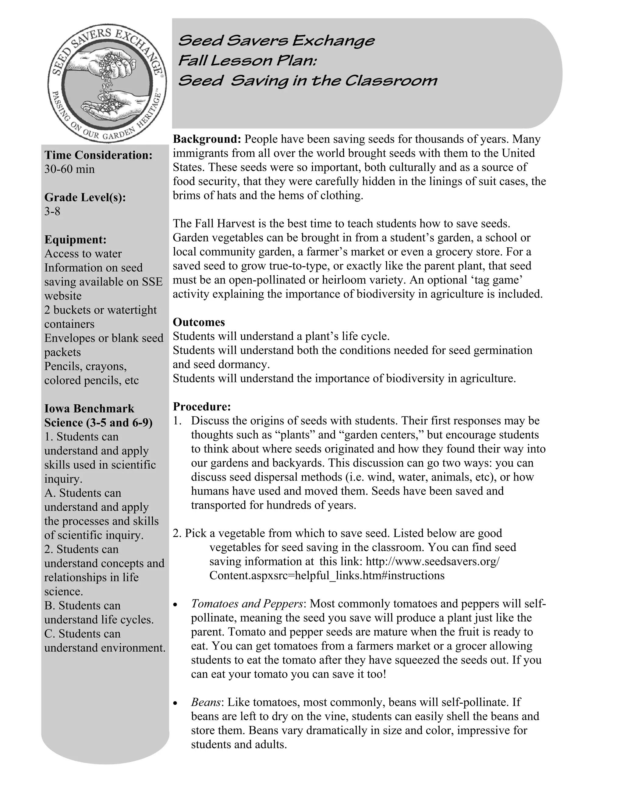 Seed Saving in the Classroom Fall Lesson Plan: Seed Savers Exchange | PDF
