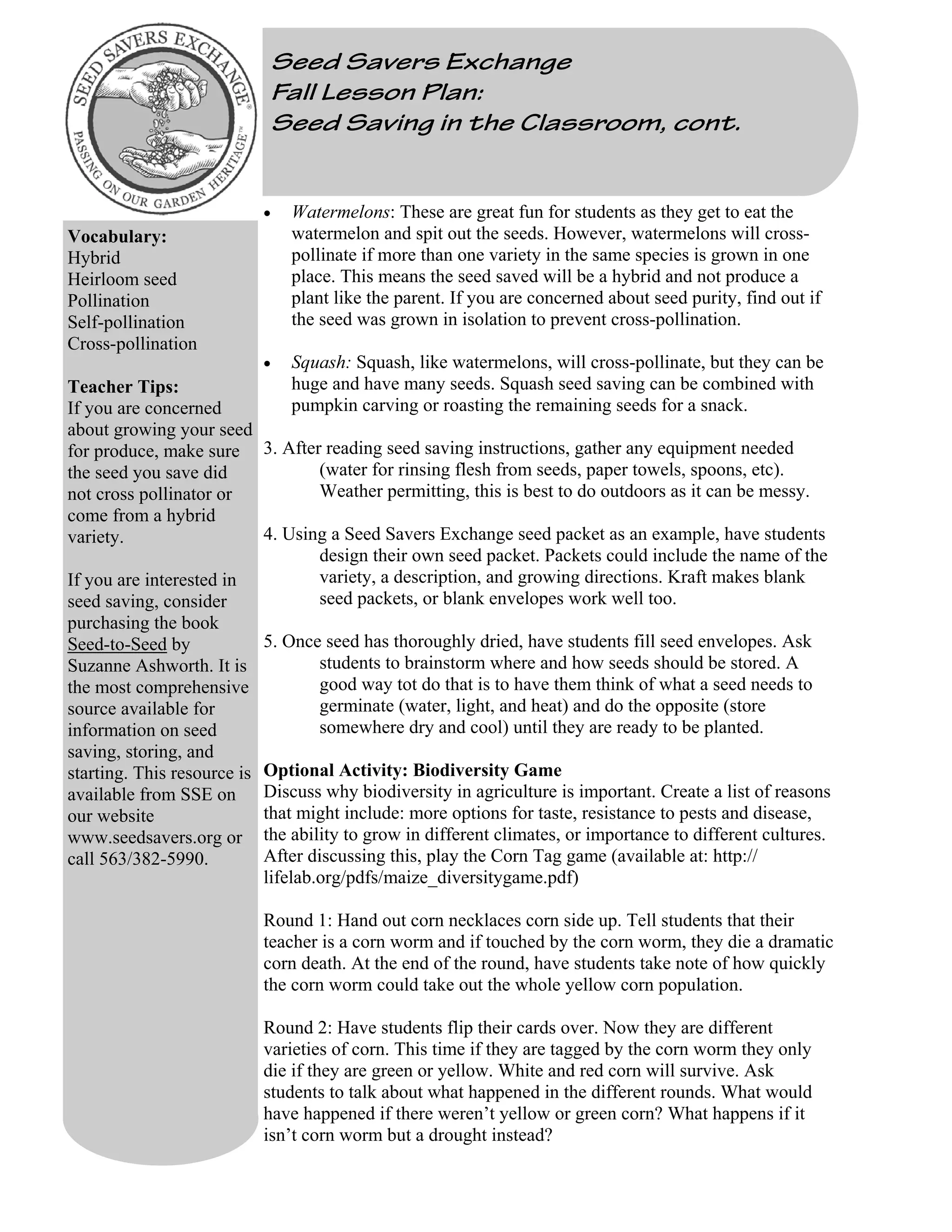 Seed Saving in the Classroom Fall Lesson Plan: Seed Savers Exchange | PDF