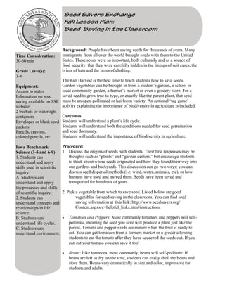 Seed Saving in the Classroom Fall Lesson Plan: Seed Savers Exchange | PDF