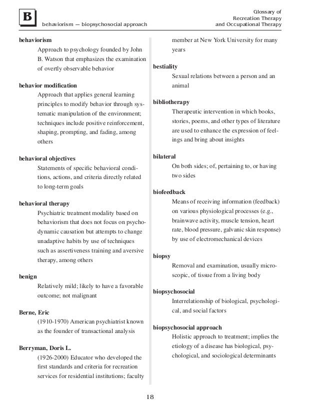 Glossary of Recreation Therapy and Occupational Therapy