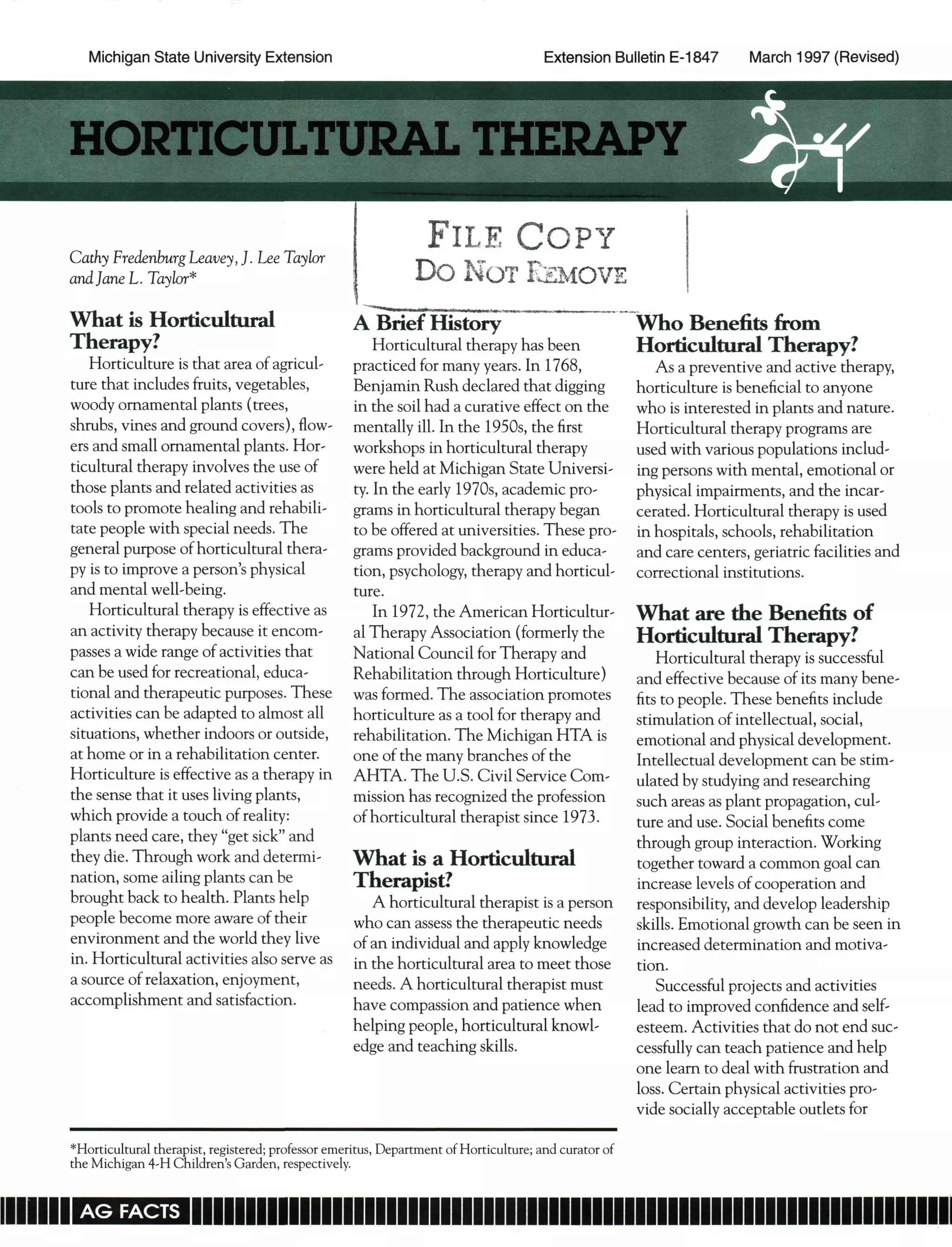 Horticultural Therapy ~ Michigan State University | PDF