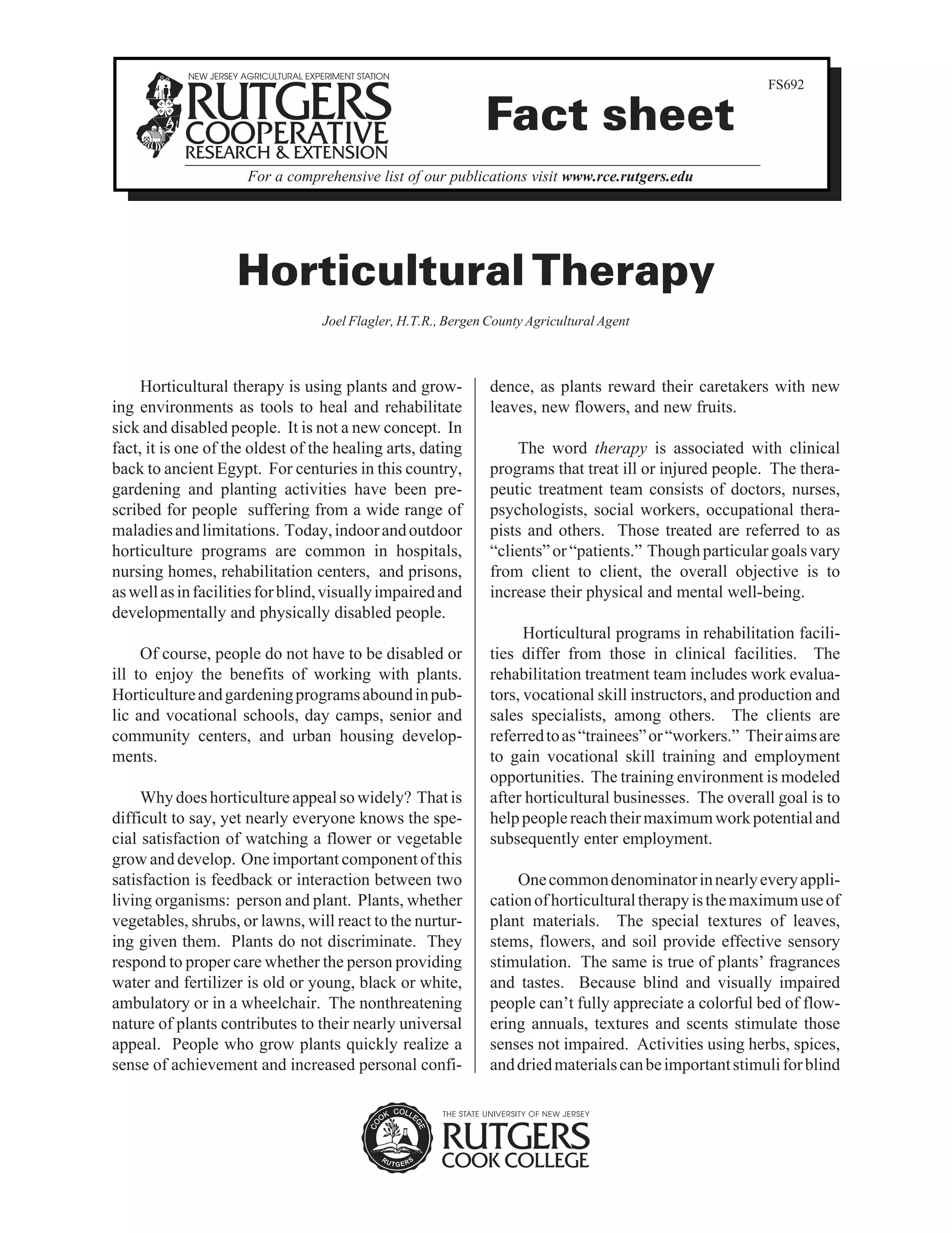 Horticultural Therapy Fact Sheet ~ Rutgers Cook College | PDF