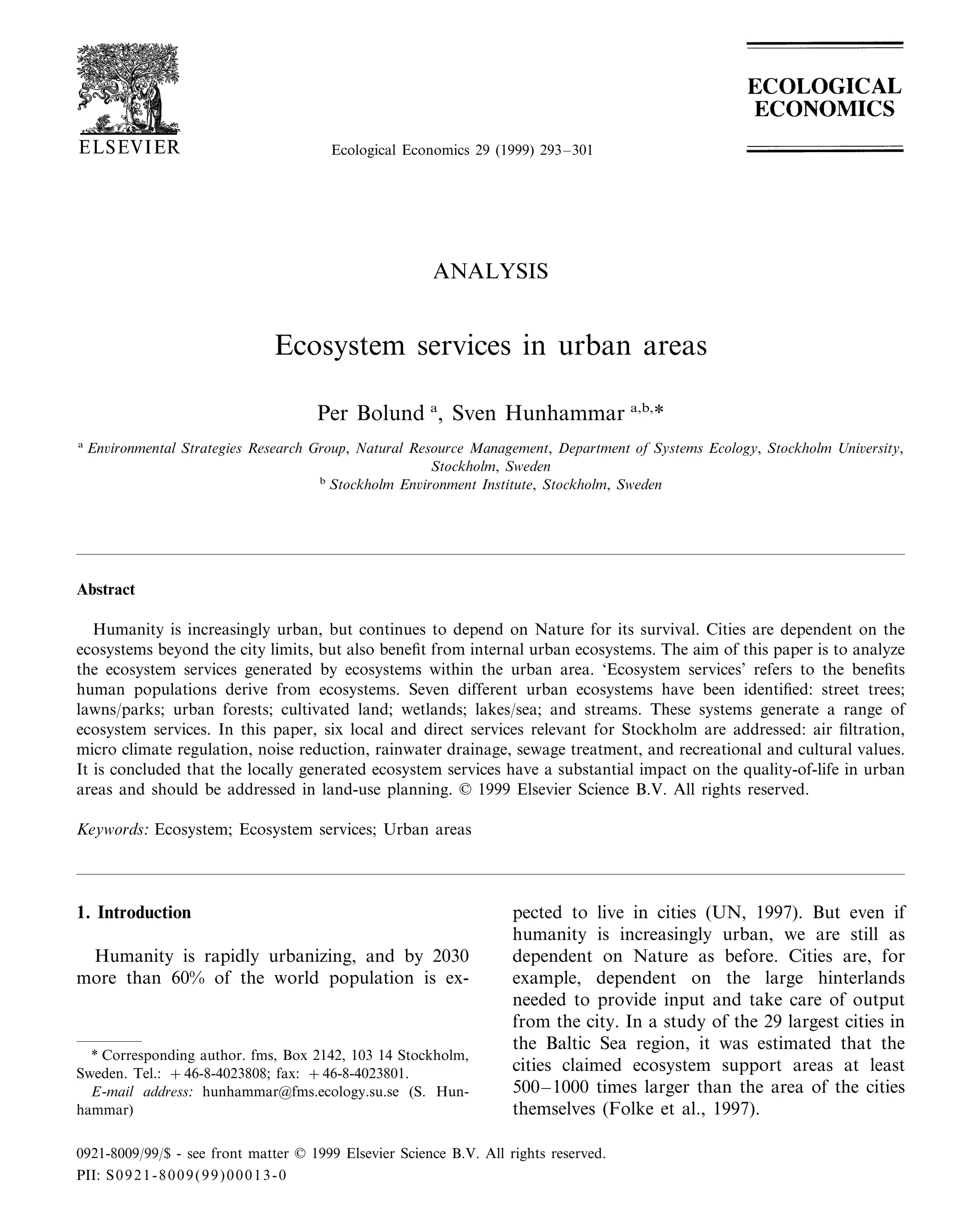 Ecosystem Services in Urban Areas | PDF