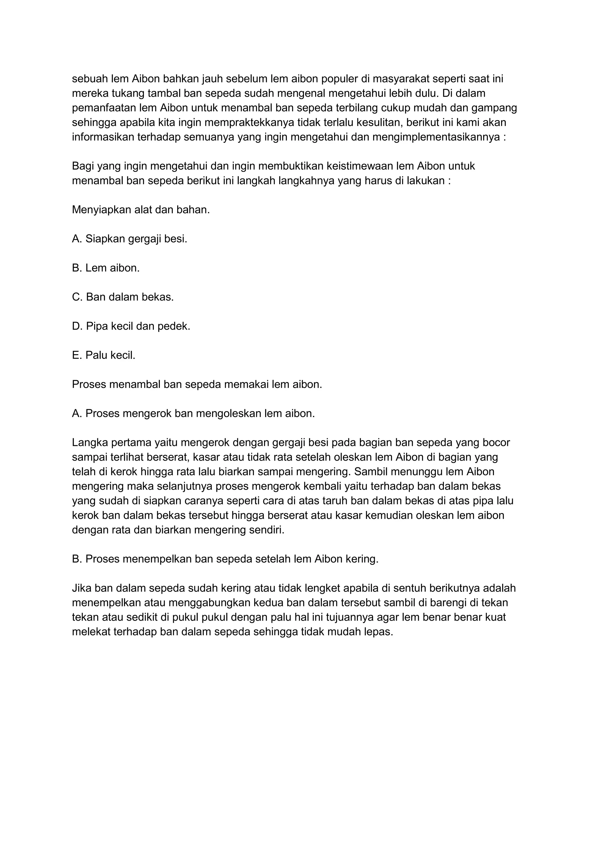 LEM AIBON TERBUKTI AMPUH DAN AWET UNTUK TAMBAL BAN SEPEDA | DOCX