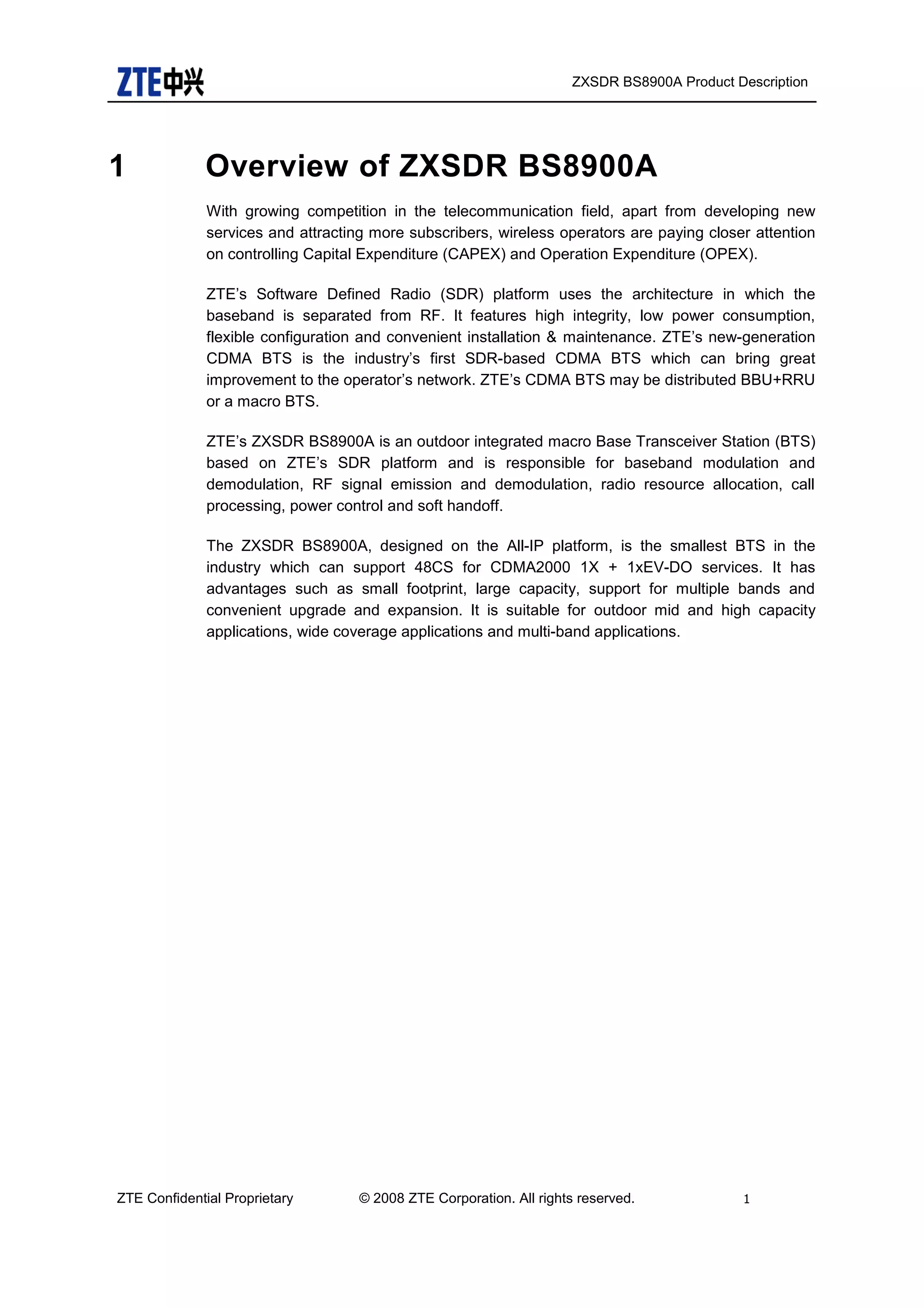 Zxsdr bs8900 a product description 20101026 | PDF